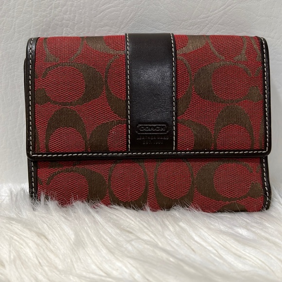 Coach | Bags | Vintage Coach Red Logo Brown Leather Trifold Wallet ...